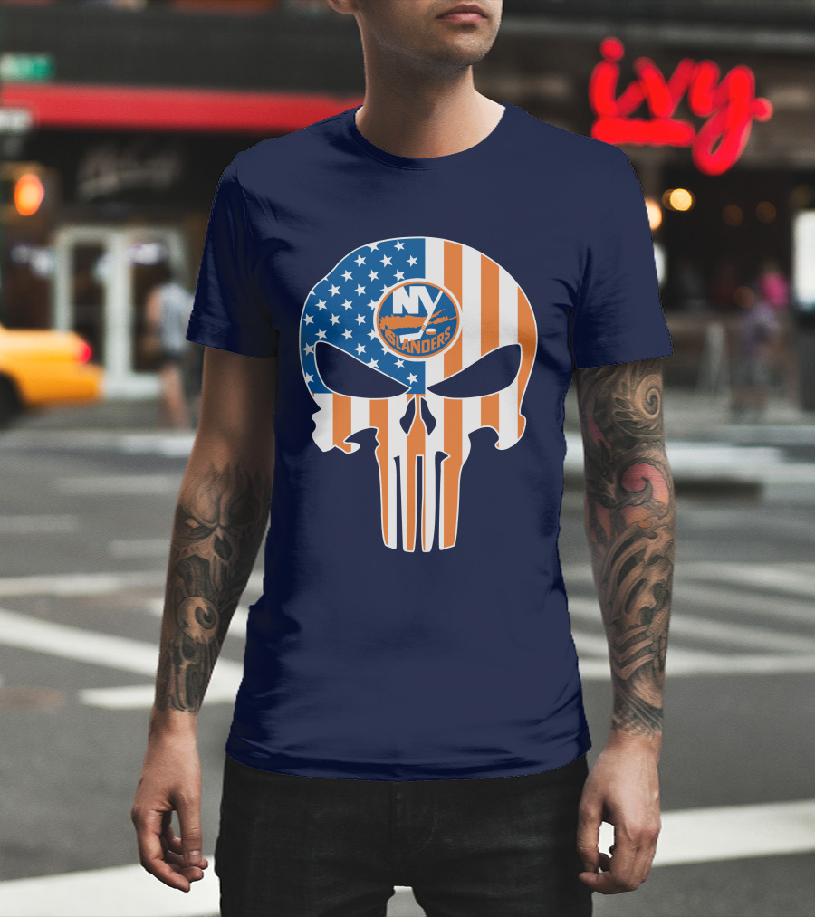 New York Islanders Punisher Skull American Flag T-Shirt