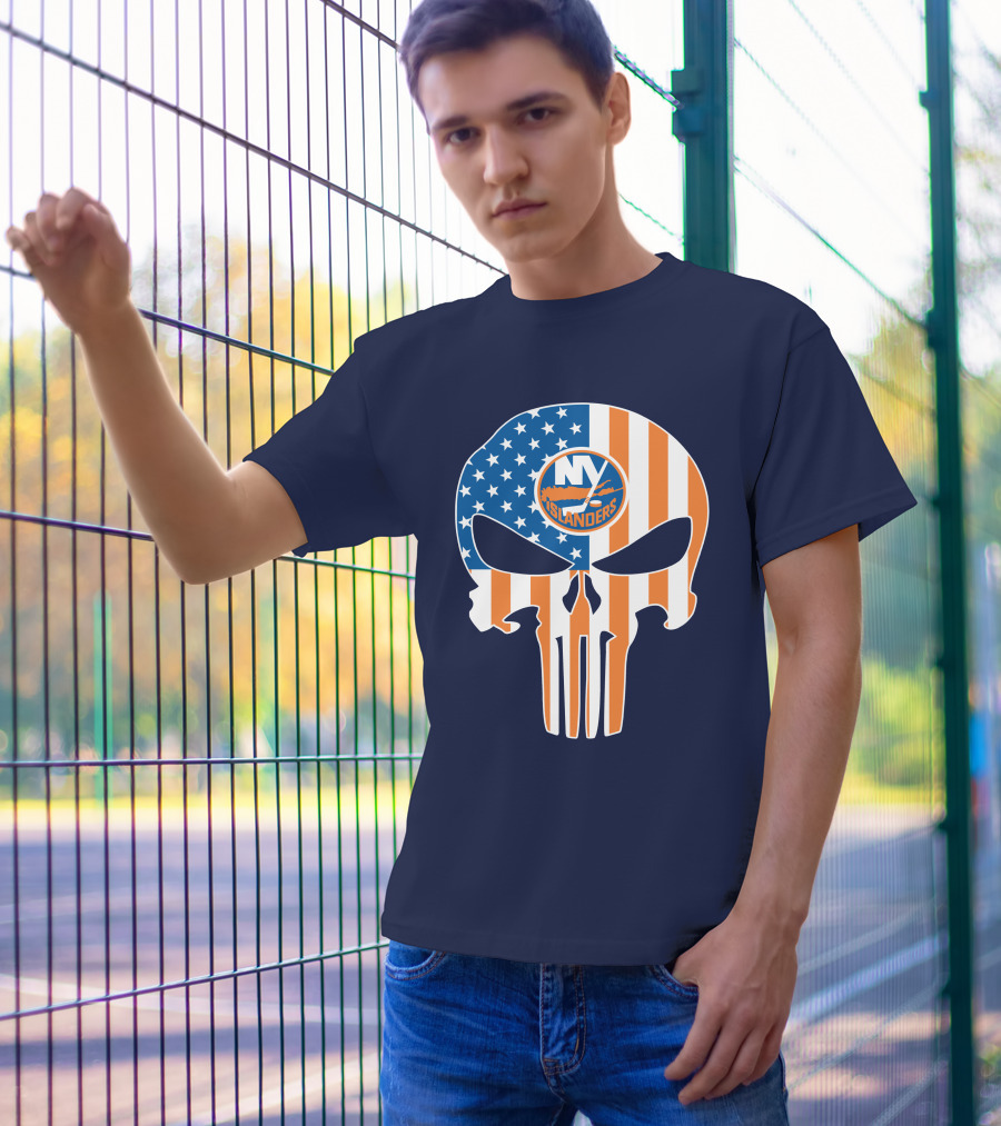 New York Islanders Punisher Skull American Flag T-Shirt