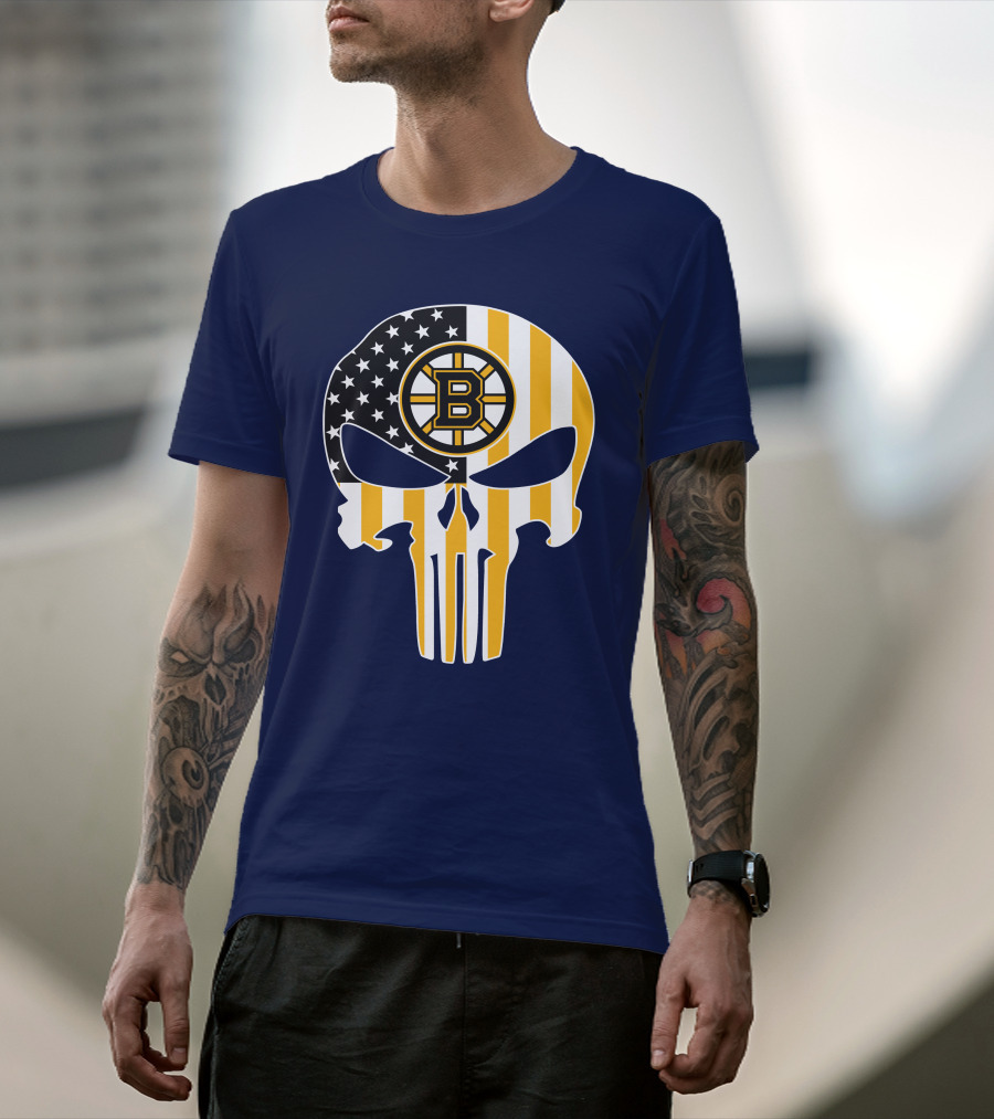 Boston Bruins The Punisher American Flag Skull T-Shirt