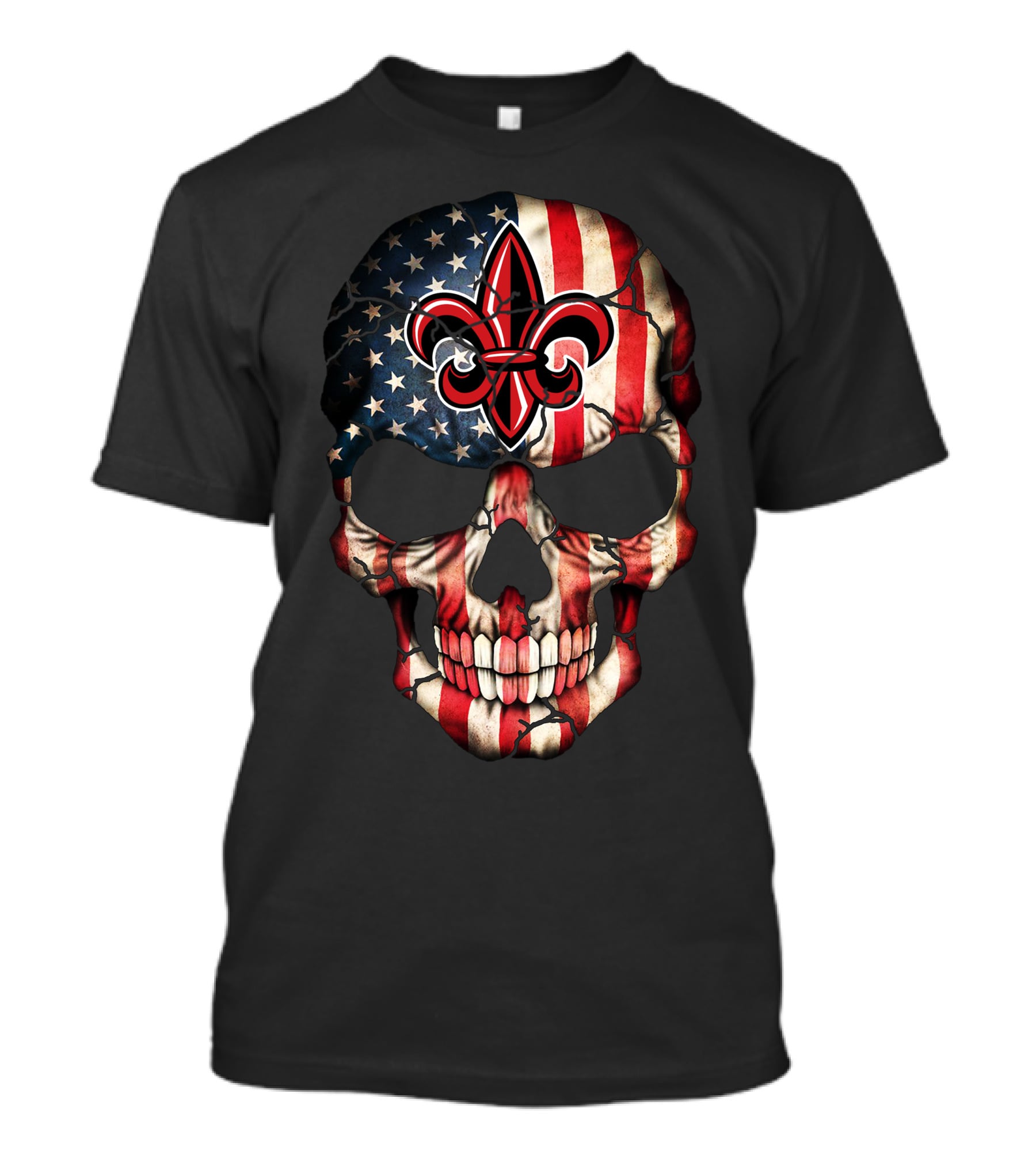 Ragin Cajuns Skull With American Flag And Fleur-De-Lis T-Shirt