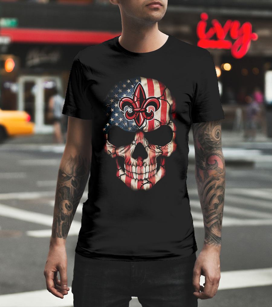 Ragin Cajuns Skull With American Flag And Fleur-De-Lis T-Shirt