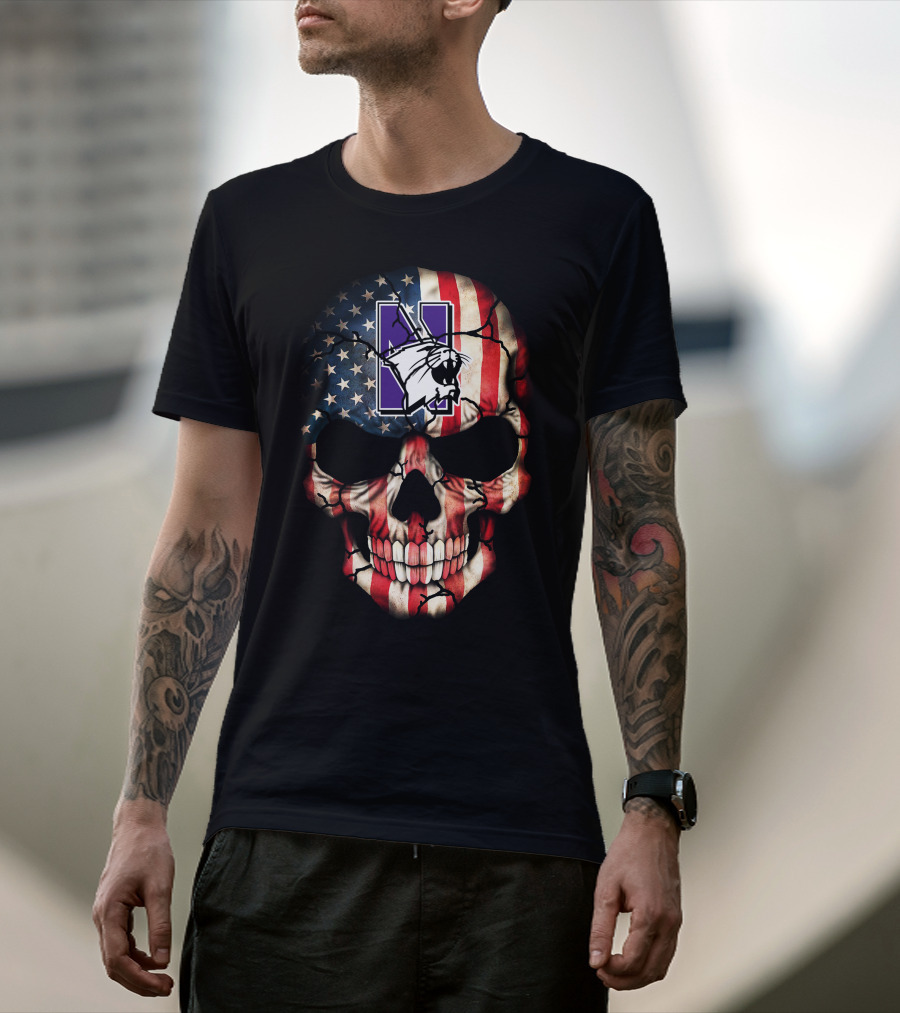 Northwestern Wildcats American Flag Skull 53 T-Shirt