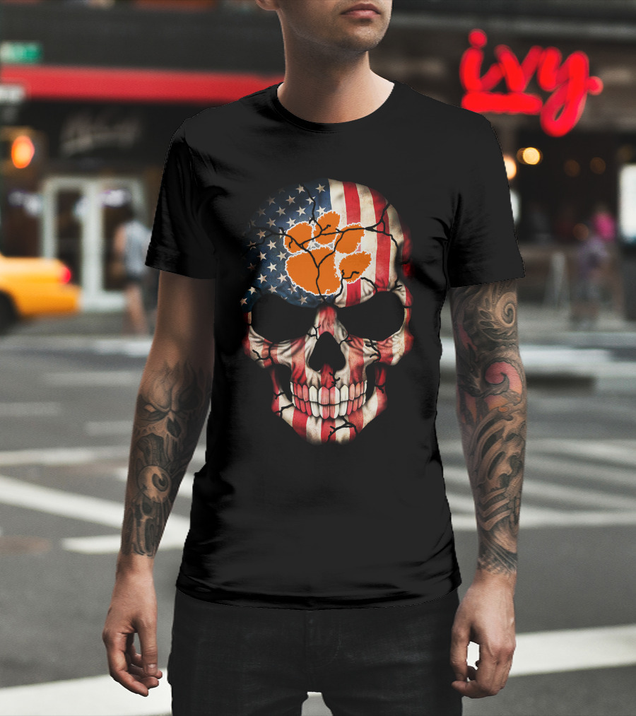 Clemson Tigers Skull American Flag Paw Print T-Shirt