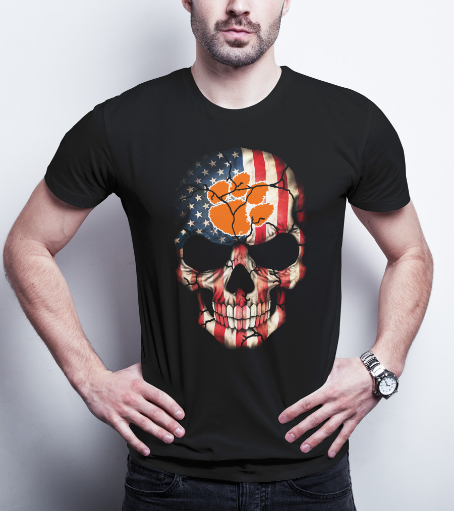 Clemson Tigers Skull American Flag Paw Print T-Shirt