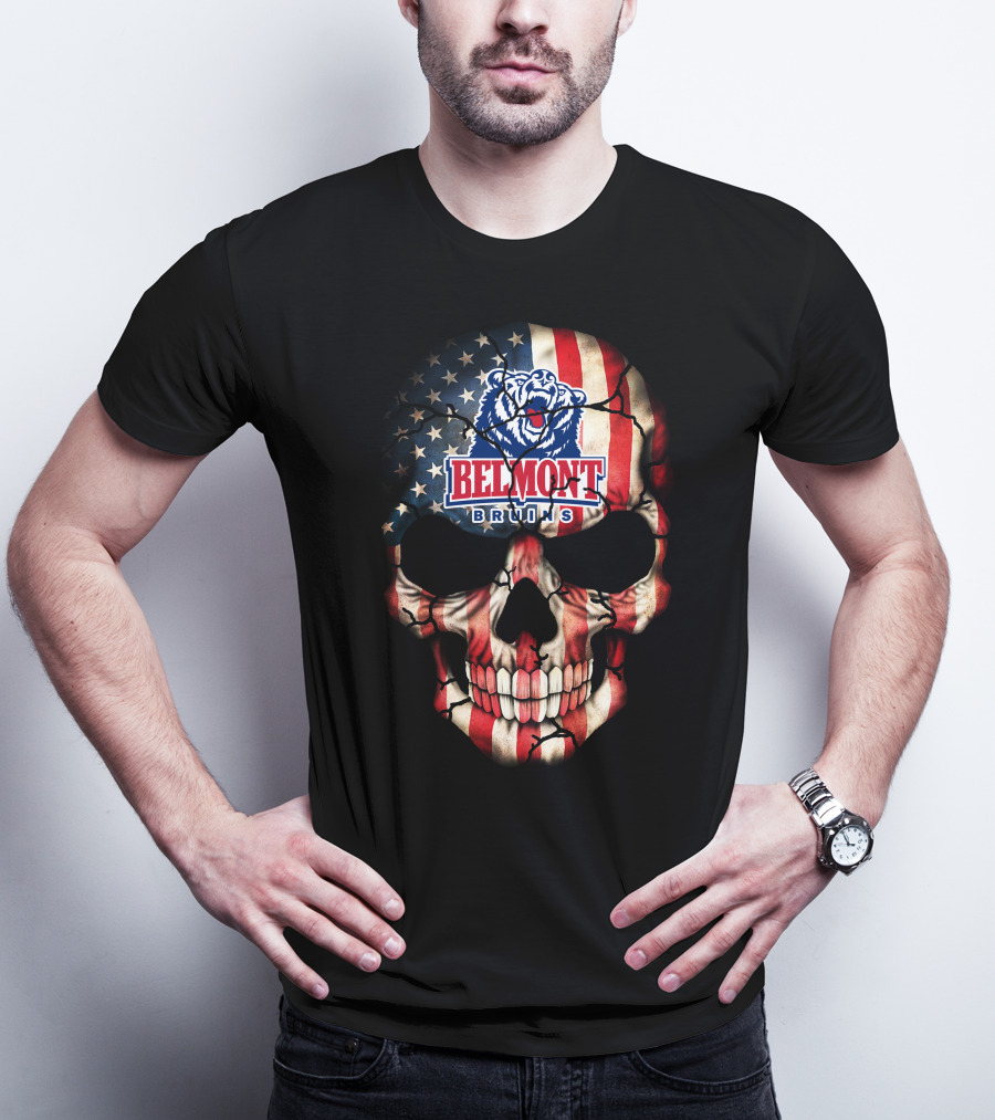 Belmont Bruins American Flag Skull With Bear T-Shirt