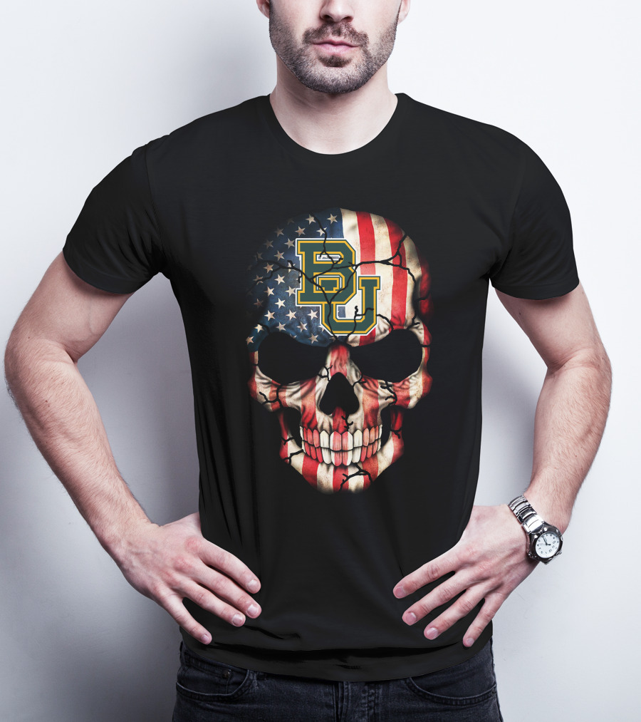 Baylor Bears Patriotic Skull With American Flag T-Shirt