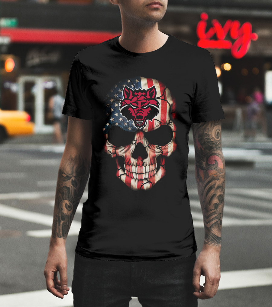Arkansas State Red Wolves American Flag Skull T-Shirt
