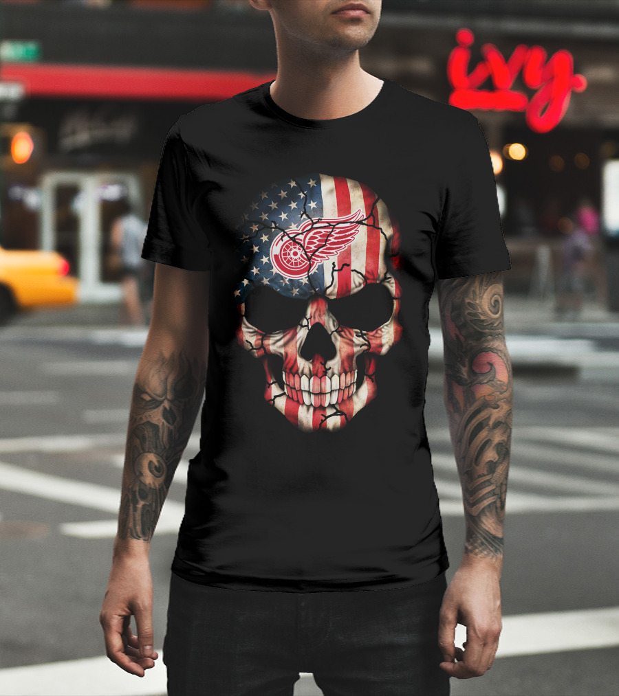Detroit Red Wings American Flag Skull T-Shirt