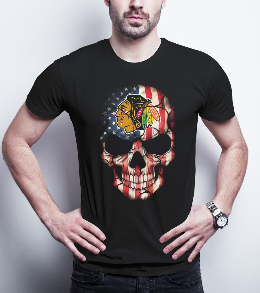 Chicago Blackhawks American Flag Skull T-Shirt