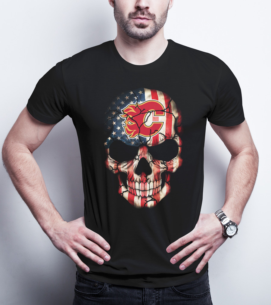 Calgary Flames Skull With American Flag T-Shirt