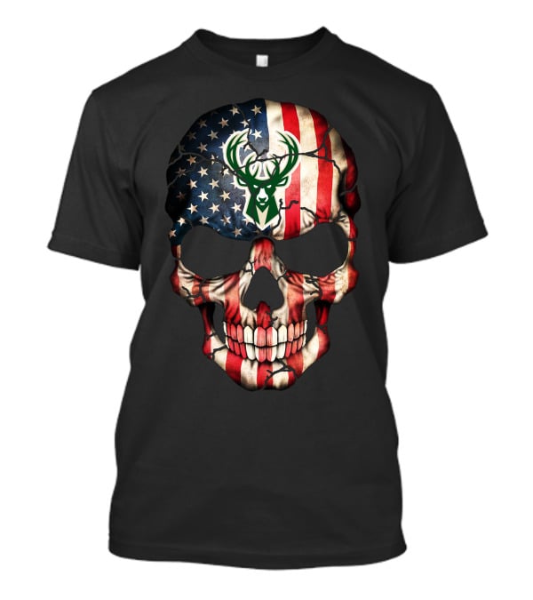 American Flag Skull With Milwaukee Bucks T-Shirt