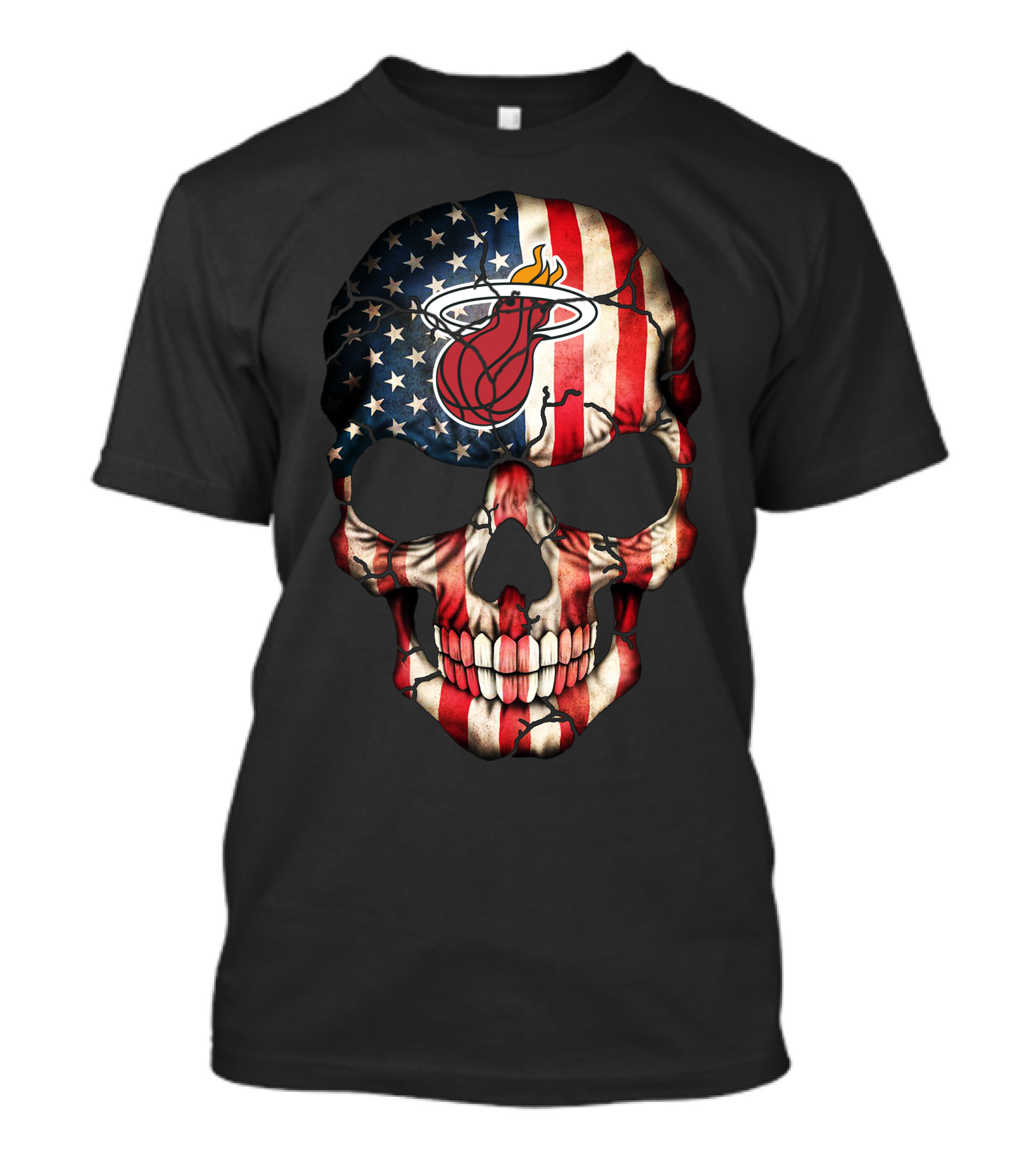 American Flag Skull With Miami Heat Basketball T-Shirt