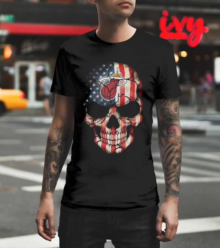 American Flag Skull With Miami Heat Basketball T-Shirt