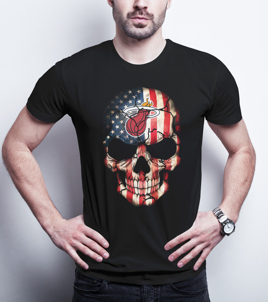 American Flag Skull With Miami Heat Basketball T-Shirt