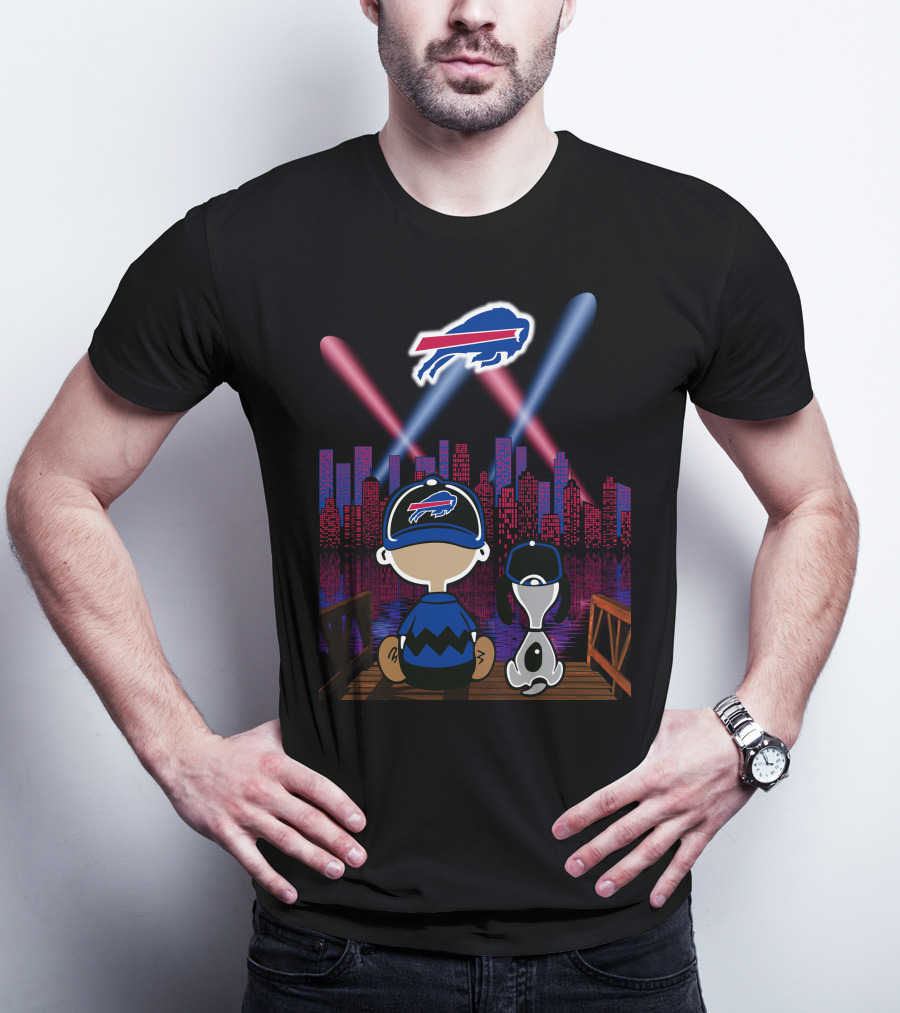 Buffalo Bills Skyline With Snoopy And Charlie Brown On A Pier T-Shirt