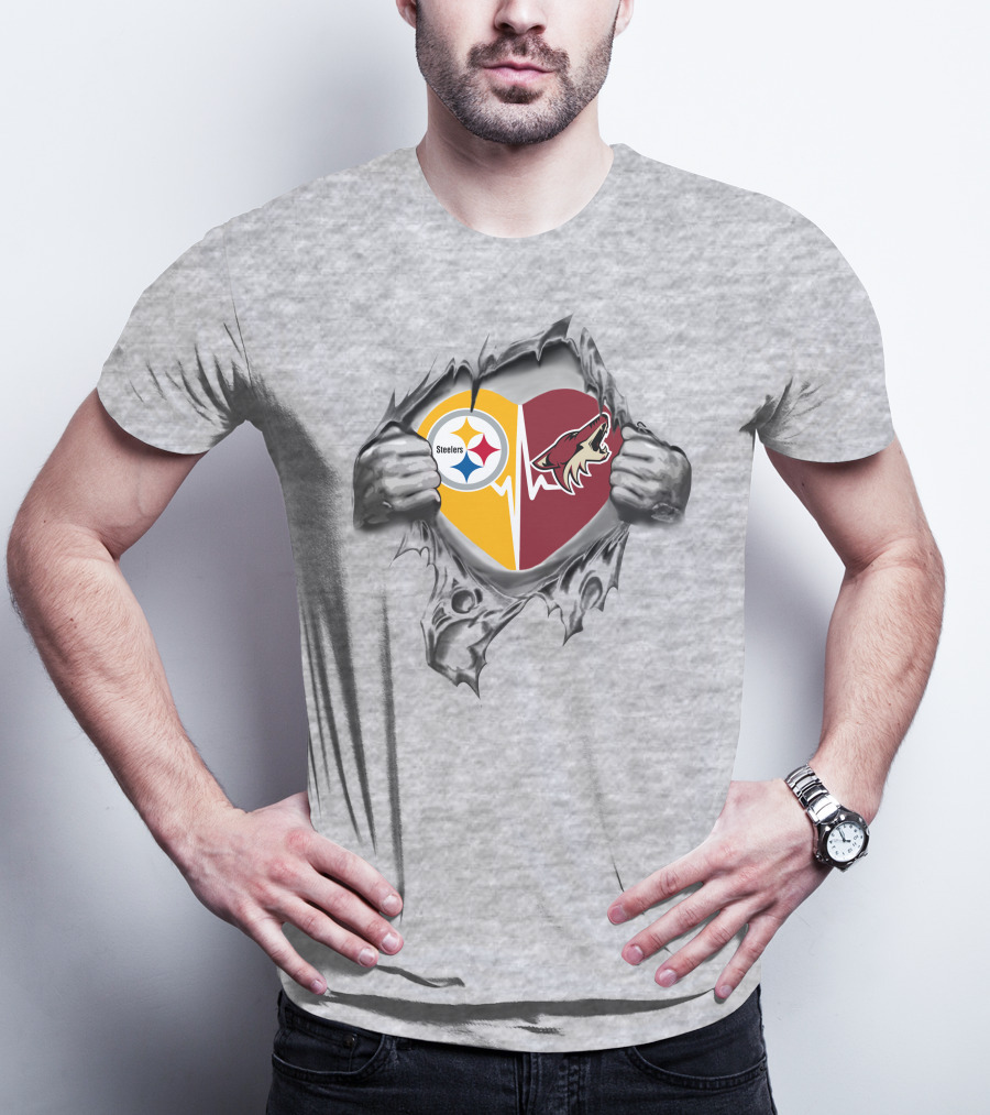 Steelers Arizona Coyotes Heartbeat Torn Fabric T-Shirt