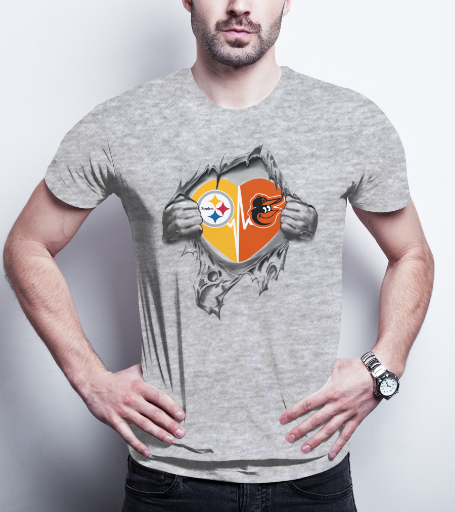 Steelers Baltimore Orioles Heart With Logos And Hands Peeling T-Shirt