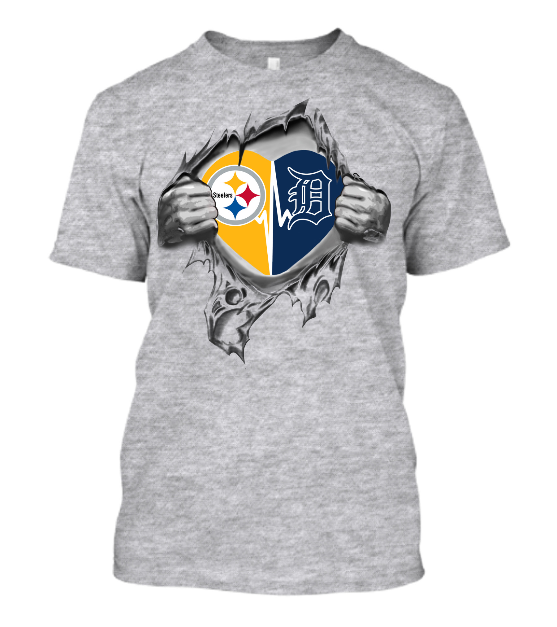 Steelers Detroit Tigers Heart With Logos And Ripped T-Shirt