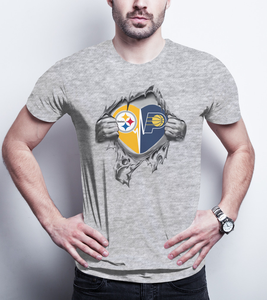 Steelers Pacers Heart Symbol With Logos Torn T-Shirt