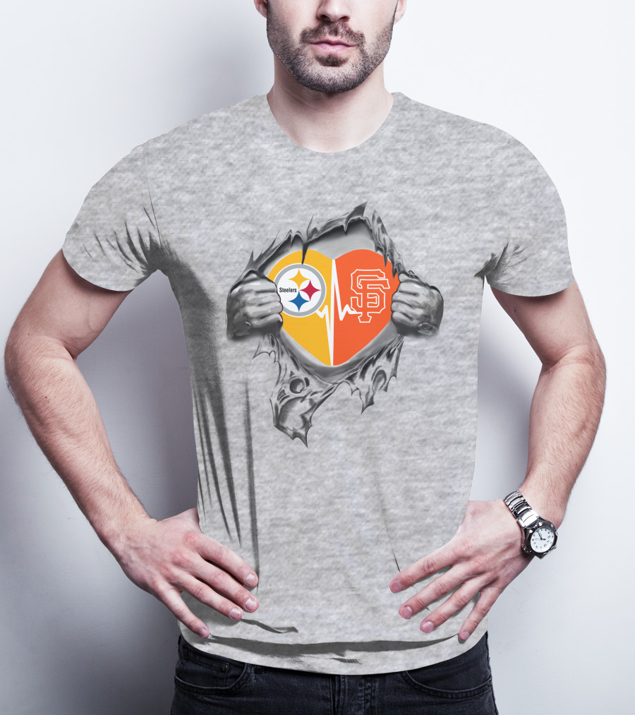 Steelers And San Francisco Giants Heartbeat Passion T-Shirt