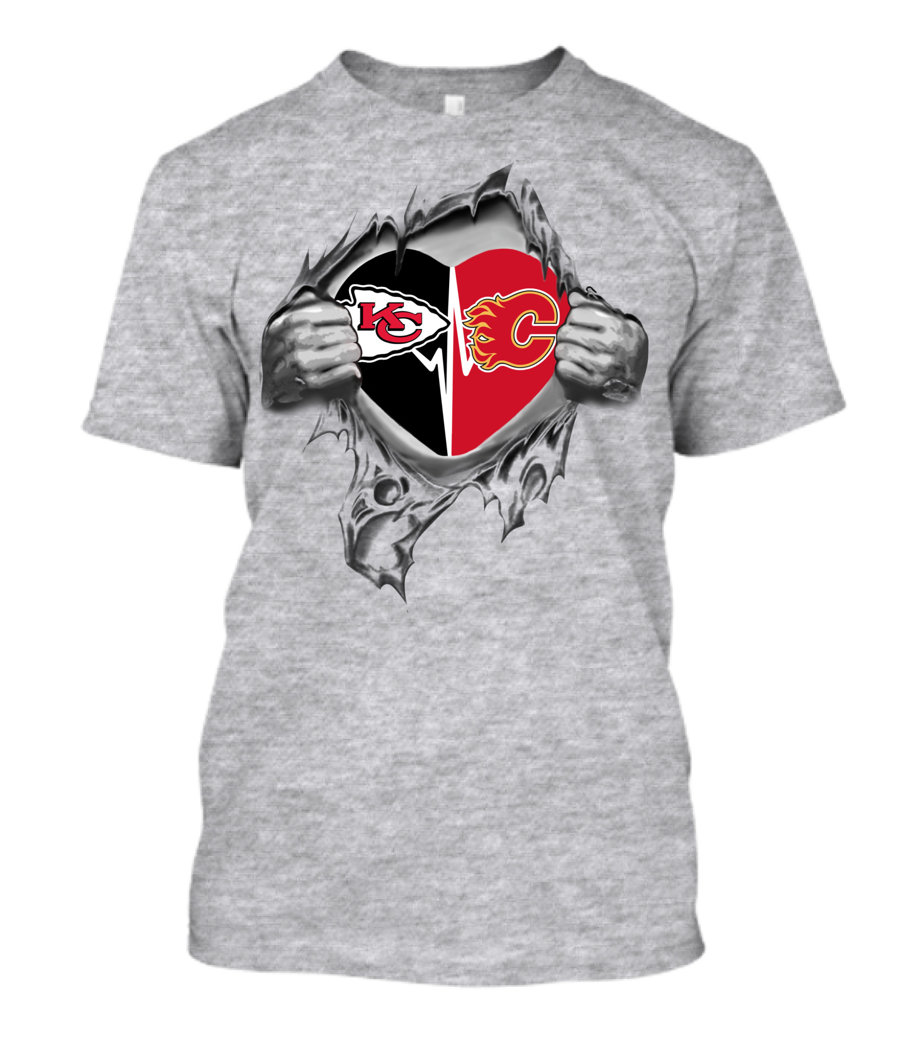 Chiefs Calgary Flames Heart Split Design Torn Effect T-Shirt