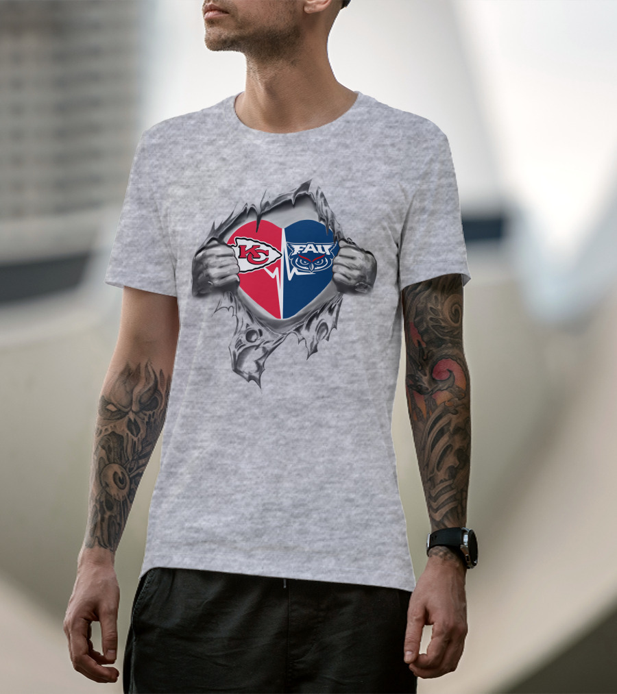 Chiefs And Florida Atlantic Owls Heart Symbol With Torn T-Shirt