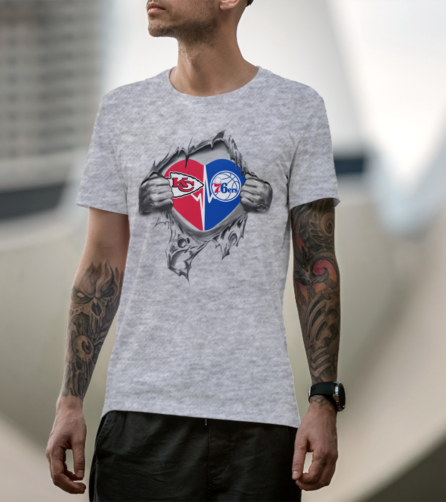 Chiefs Philadelphia 76ers Heart Torn Design Featuring Nfl And Nba Logos T-Shirt