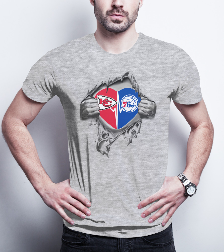 Chiefs Philadelphia 76ers Heart Torn Design Featuring Nfl And Nba Logos T-Shirt