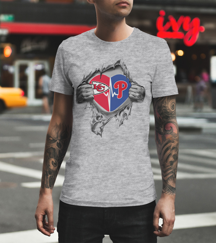 Chiefs And Philadelphia Phillies Heartbeat Logo Fusion T-Shirt