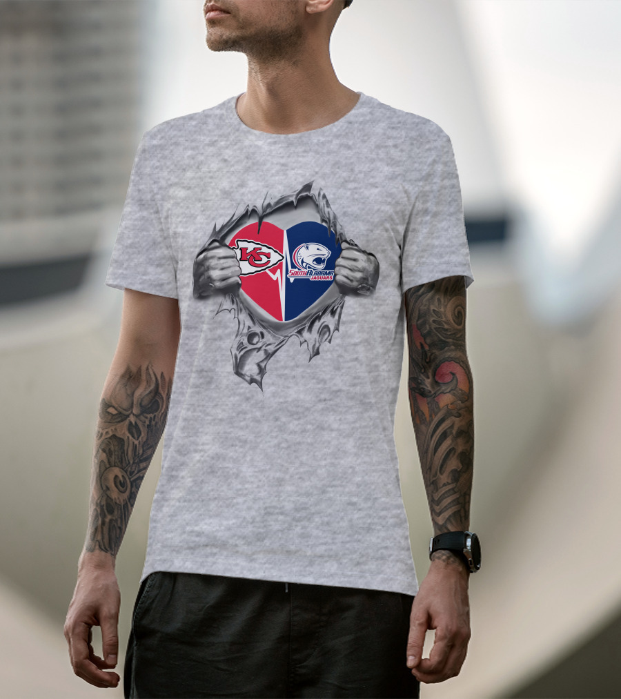 Chiefs South Alabama Jaguars Heart Logos Peeling Effect T-Shirt