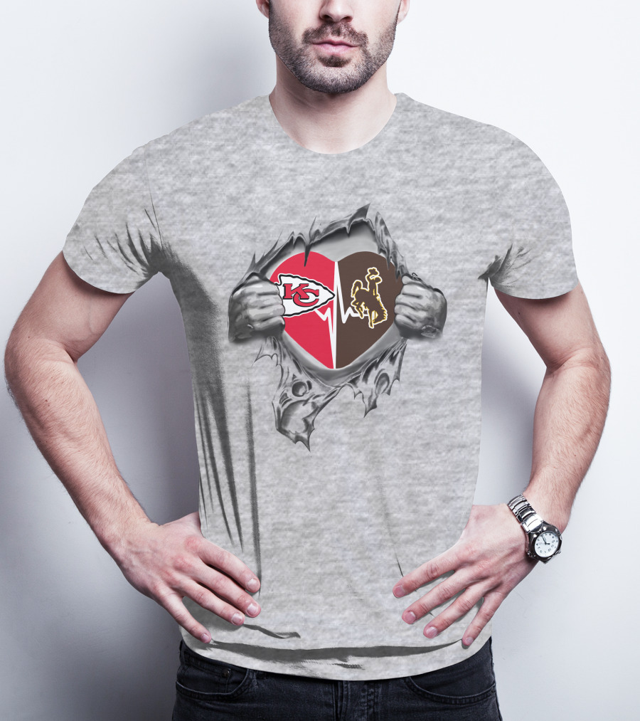 Chiefs Wyoming Cowboys Heart With Torn Rip And Team Logos T-Shirt