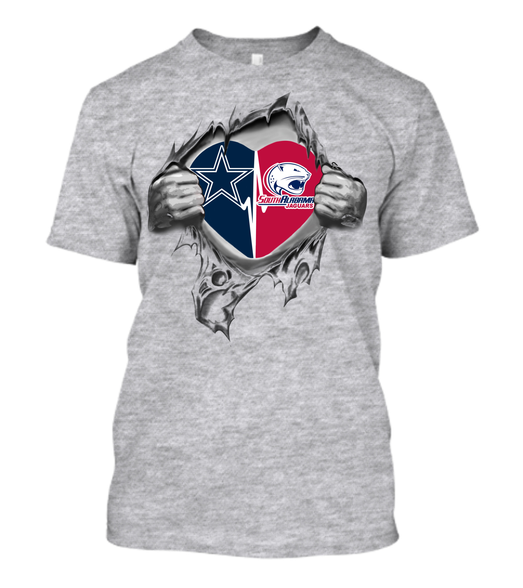 Cowboys South Alabama Jaguars Heart Design Featuring Stars And Jaguar Logos T-Shirt