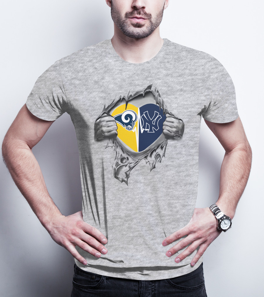 Yankees Los Angeles Rams Heart Symbol In Torn T-Shirt