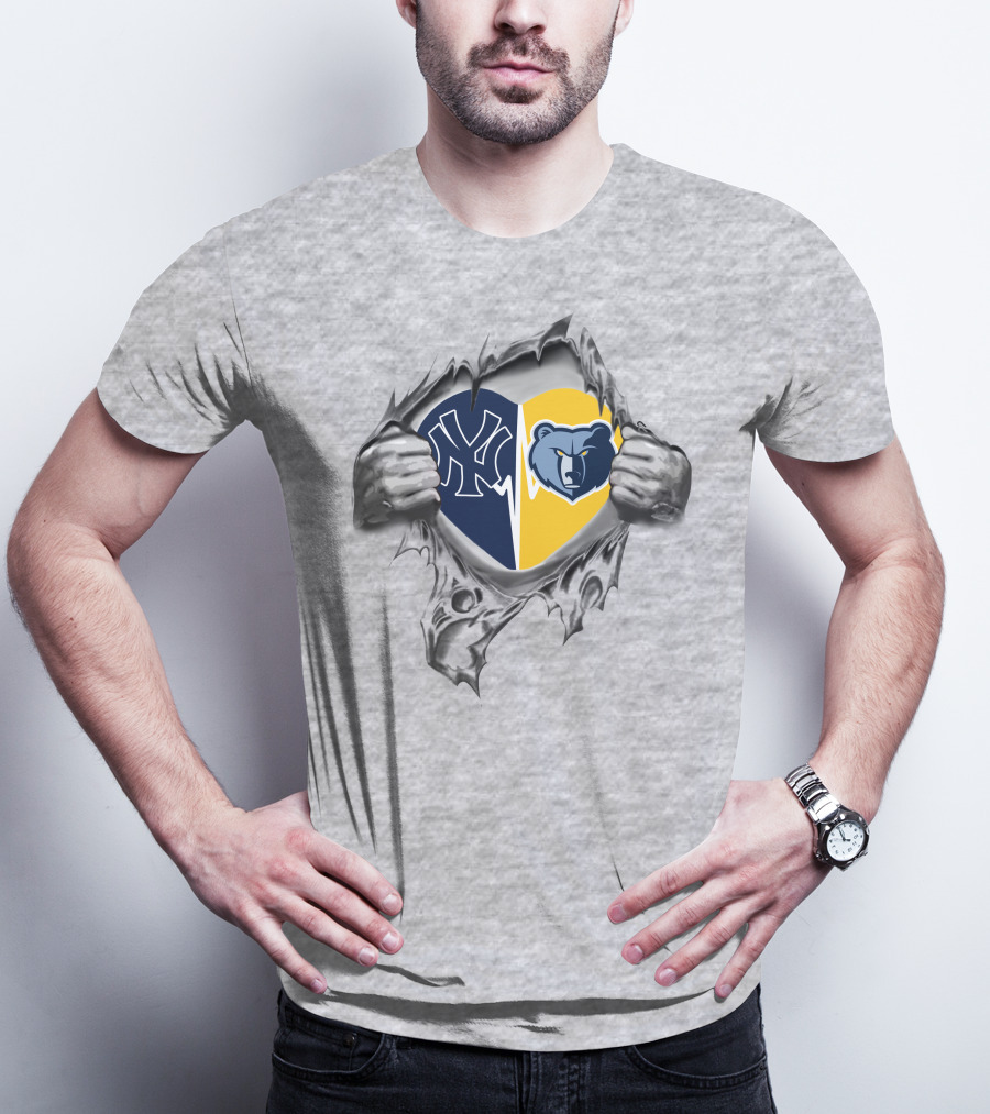 Yankees Memphis Grizzlies Heart With Logos And Torn Ripped Effect T-Shirt
