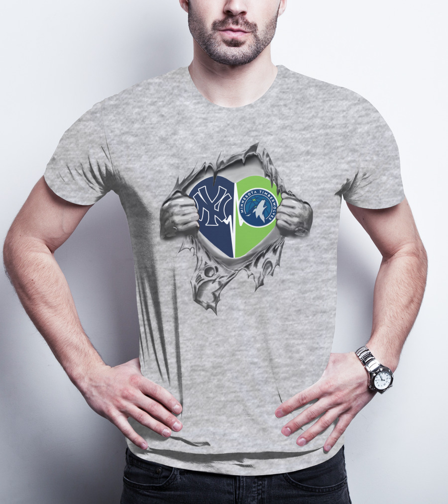 New York Yankees Minnesota Timberwolves Heart Logo Torn T-Shirt