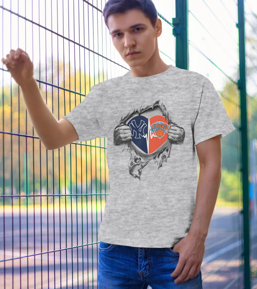 Yankees New York Knicks Heart Icon With Torn T-Shirt