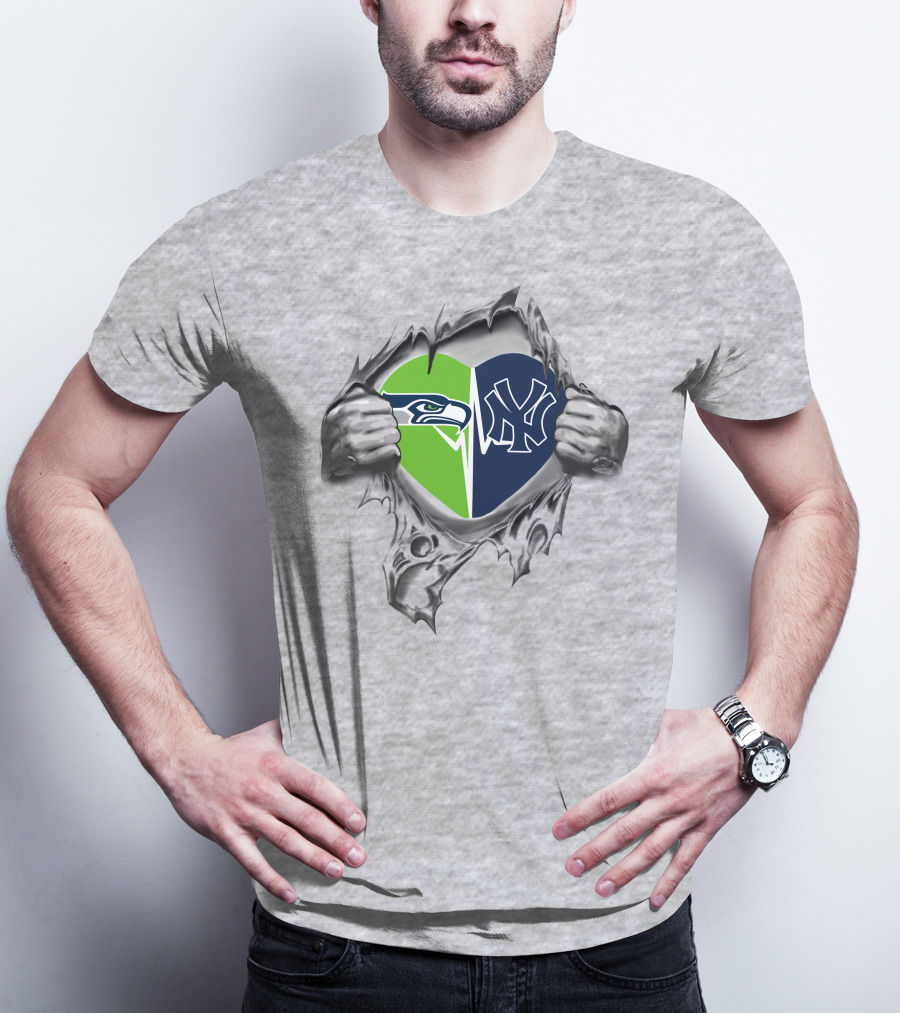 Yankees Seattle Seahawks Heart Passion Dual Allegiance T-Shirt