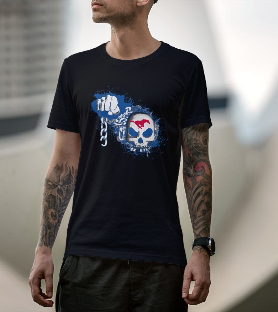 Smu Mustangs Skull With Chains And Red Horse T-Shirt