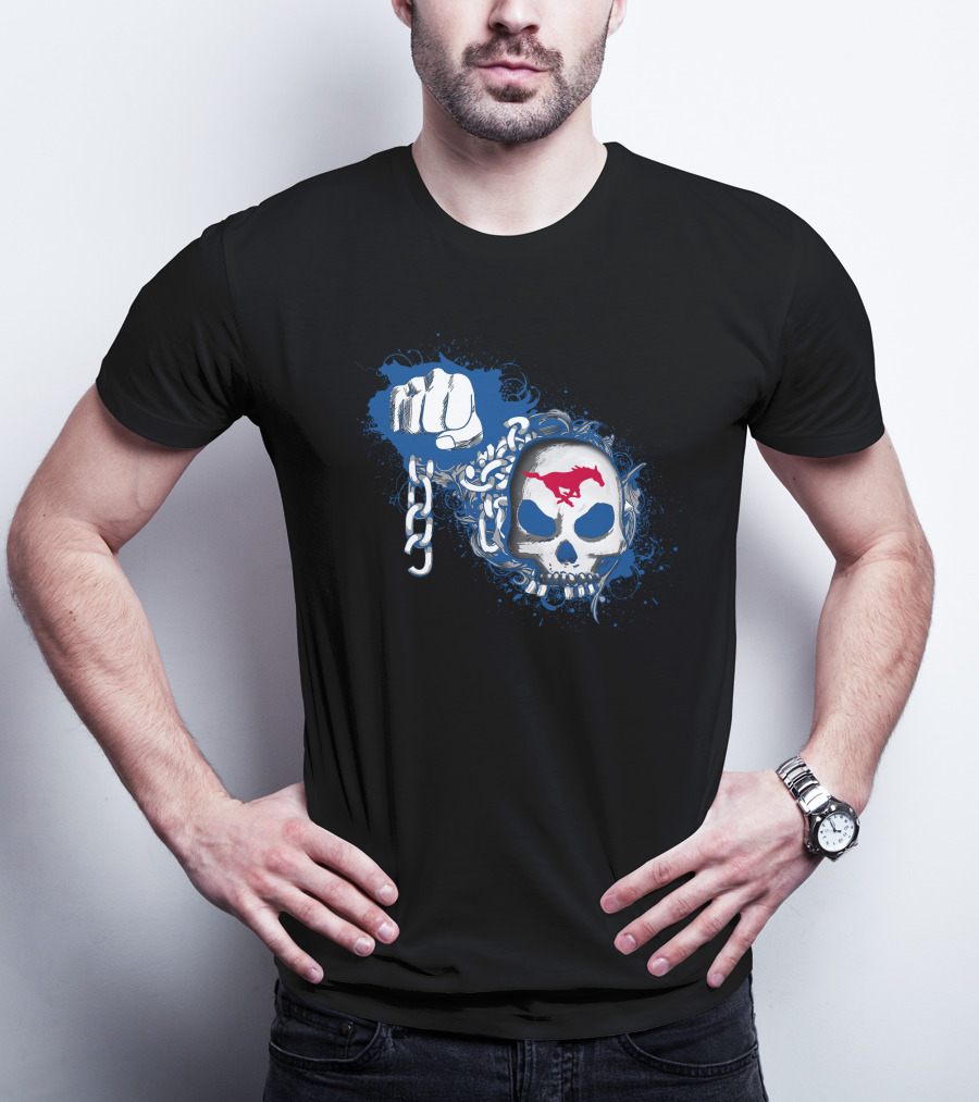 Smu Mustangs Skull With Chains And Red Horse T-Shirt