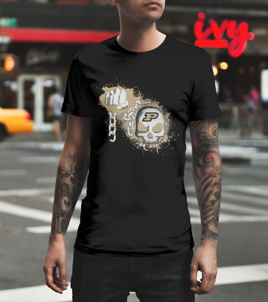 Purdue Boilermakers Skull And Fist With Chains Iconic P T-Shirt