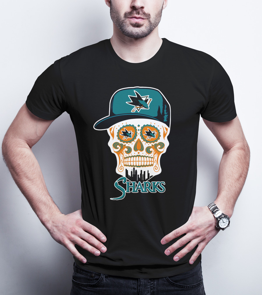 San Jose Sharks Sugar Skull Logo With Hat And City Skyline T-Shirt