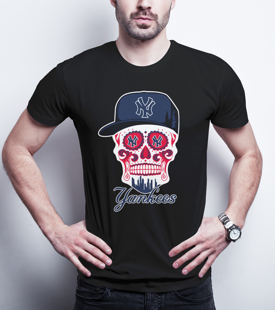 New York Yankees Skull Cap Design With Bold Logo And Cityscape Motif T-Shirt