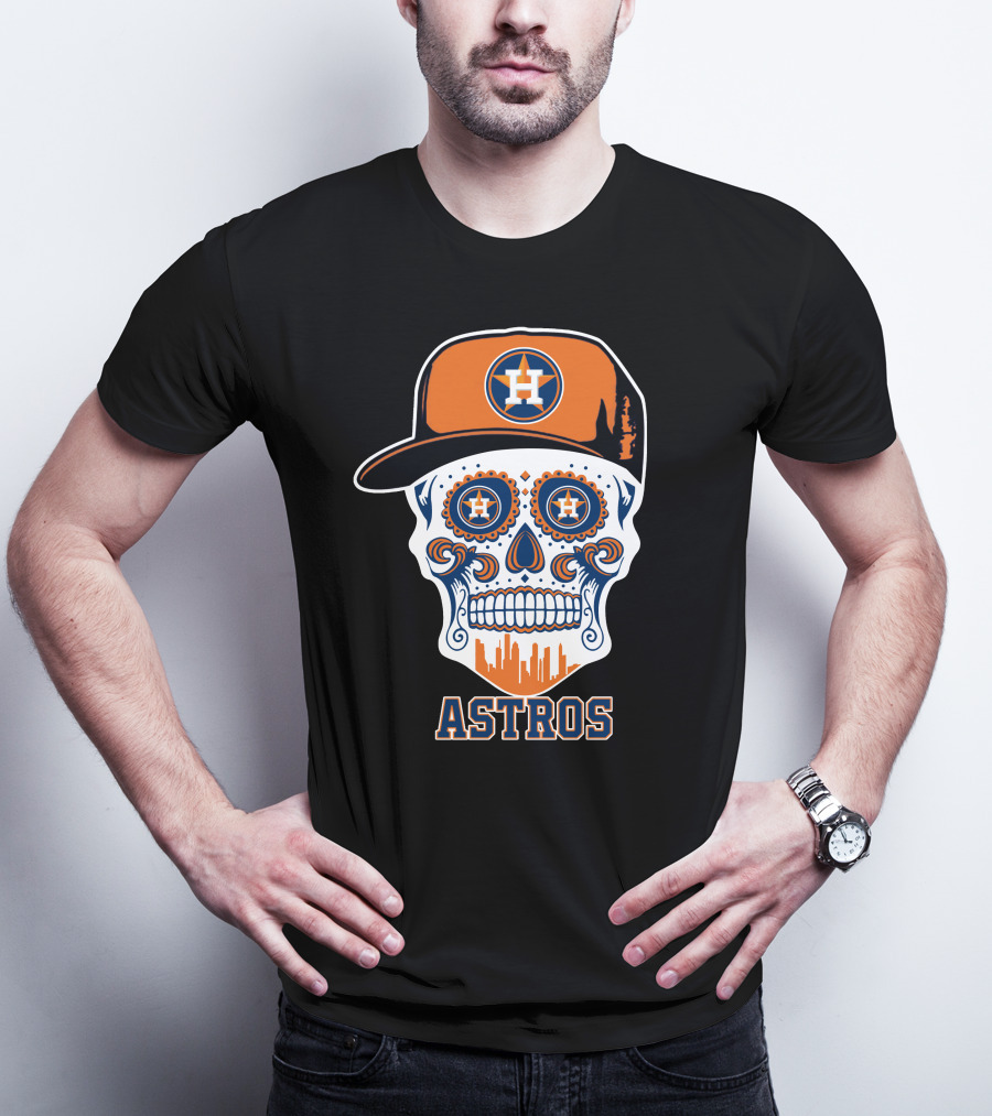 Astros Skull With Cap And Houston Skyline Motif T-Shirt