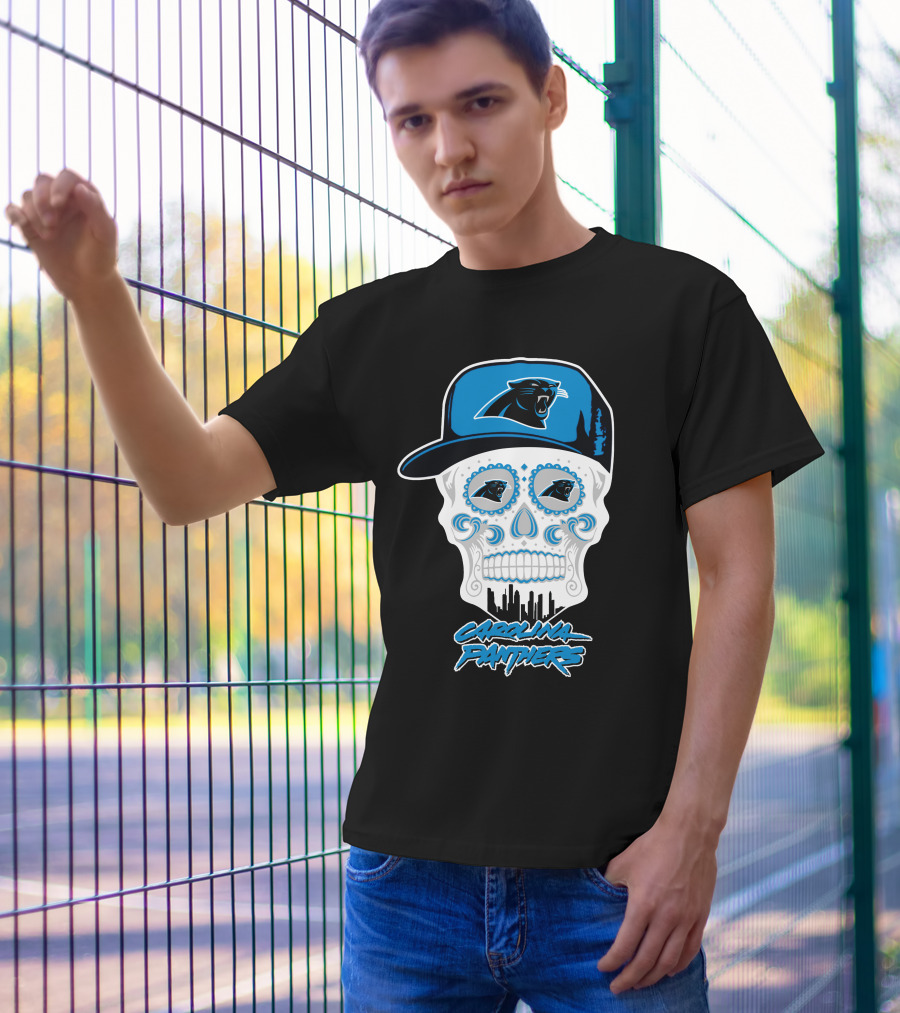 Carolina Panthers Skull With Hat And Skyline T-Shirt