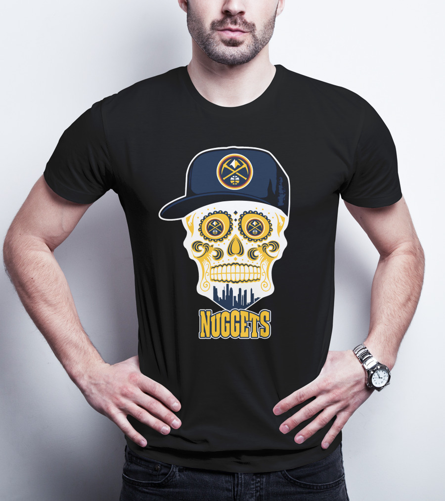 Denver Nuggets Skull Design With Cap And City Silhouette T-Shirt