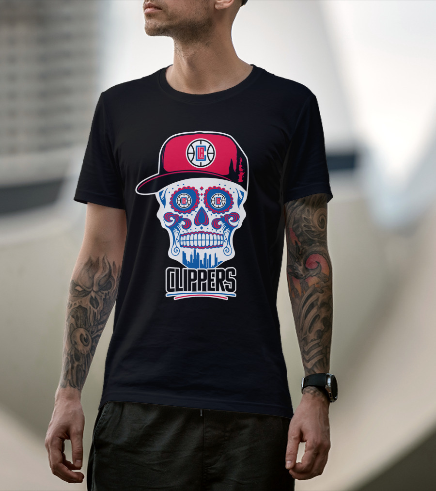 La Clippers Skull Cap Basketball Skyline T-Shirt