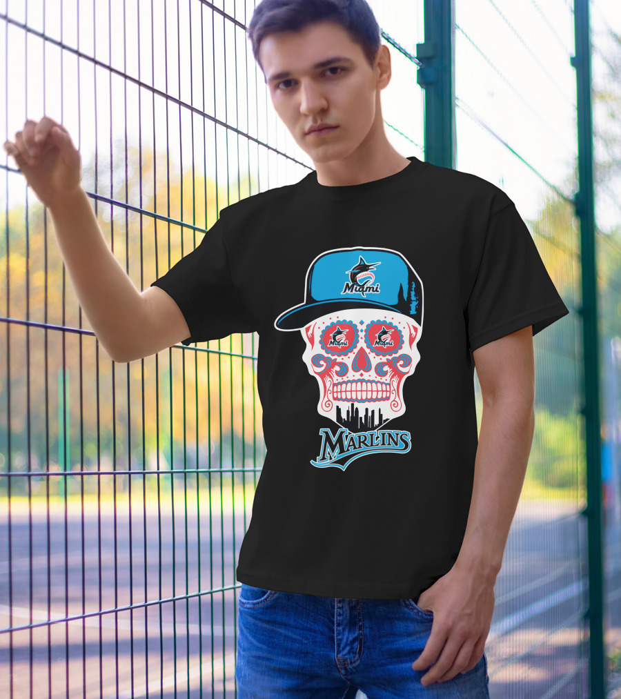 Miami Marlins Skull With Cap And Cityscape Motif T-Shirt