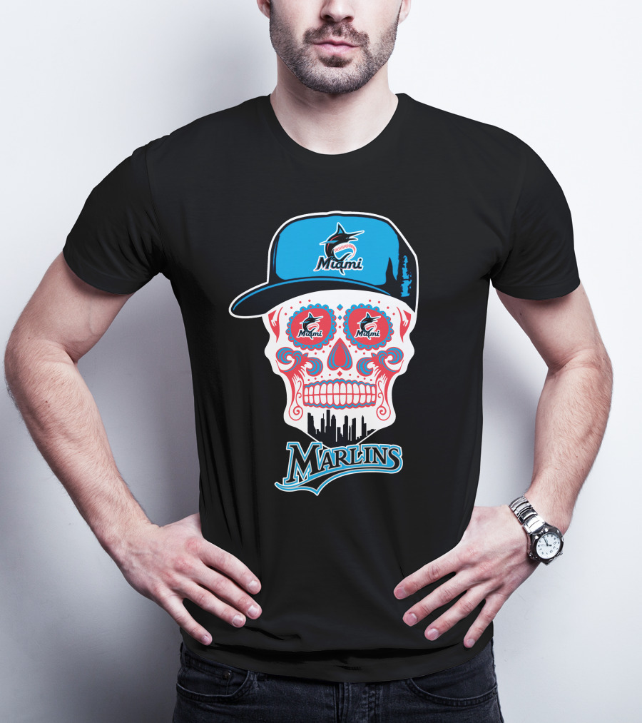 Miami Marlins Skull With Cap And Cityscape Motif T-Shirt