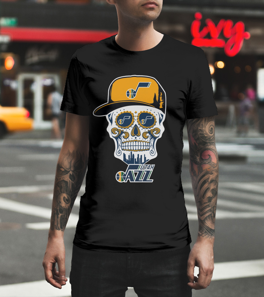 Utah Jazz Skull With City Skyline And Jazz Logo Cap T-Shirt
