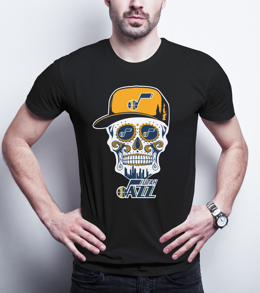 Utah Jazz Skull With City Skyline And Jazz Logo Cap T-Shirt